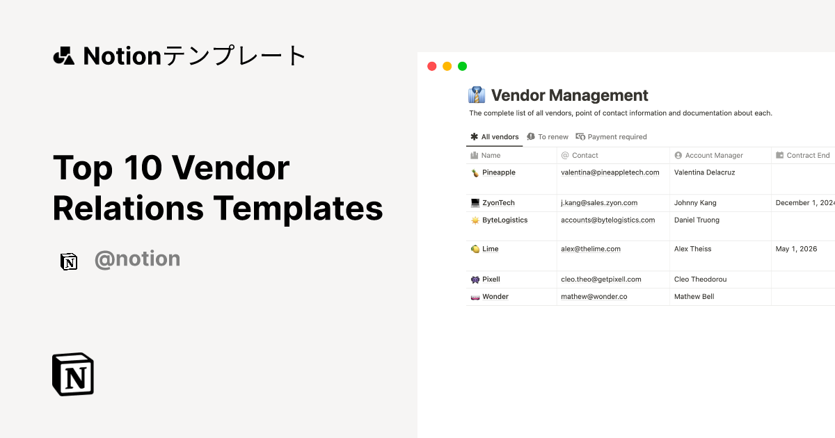 Top 10 Vendor Relations Templates | Notion (ノーション)テンプレートマーケットプレイス