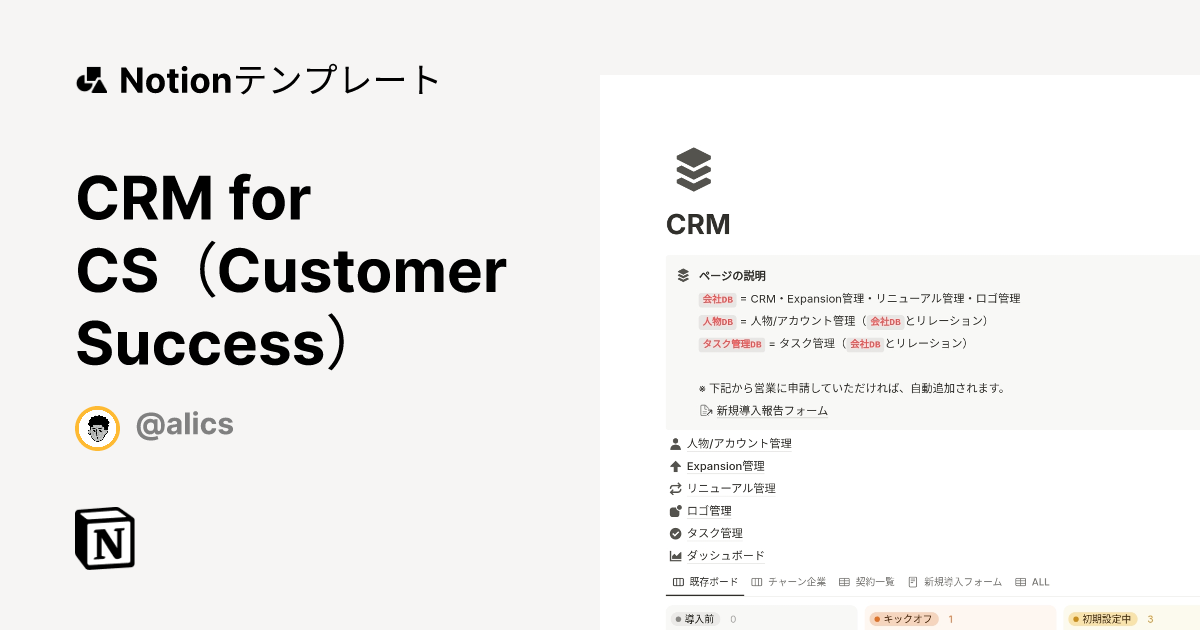 CRM for CS（Customer Success）テンプレート・作成者：豊田 あり | Notion (ノーション)マーケットプレイス