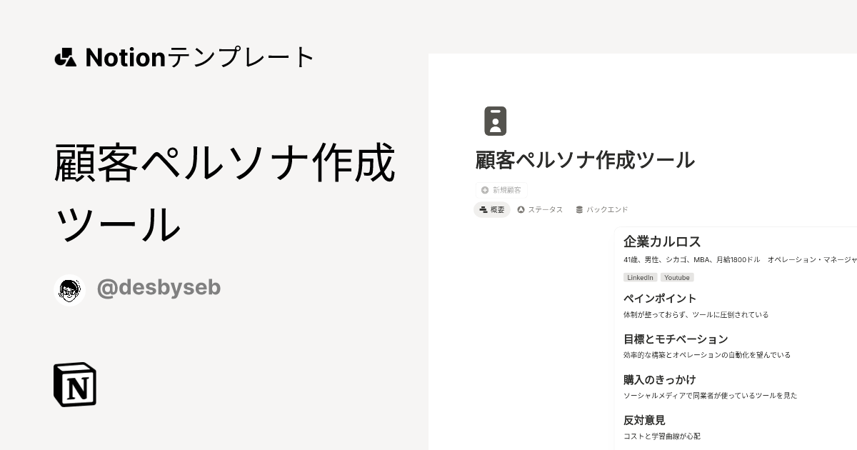 顧客ペルソナ作成ツールテンプレート・作成者：desbyseb | Notion (ノーション)マーケットプレイス