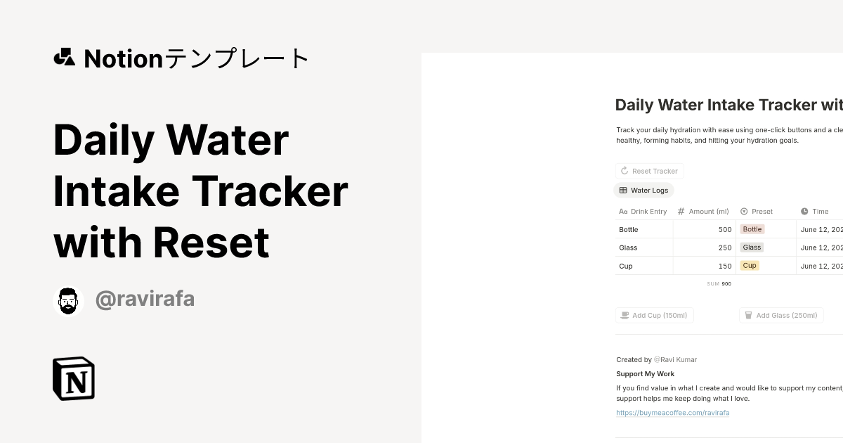 Daily Water Intake Tracker with Resetテンプレート | Notion (ノーション)マーケットプレイス