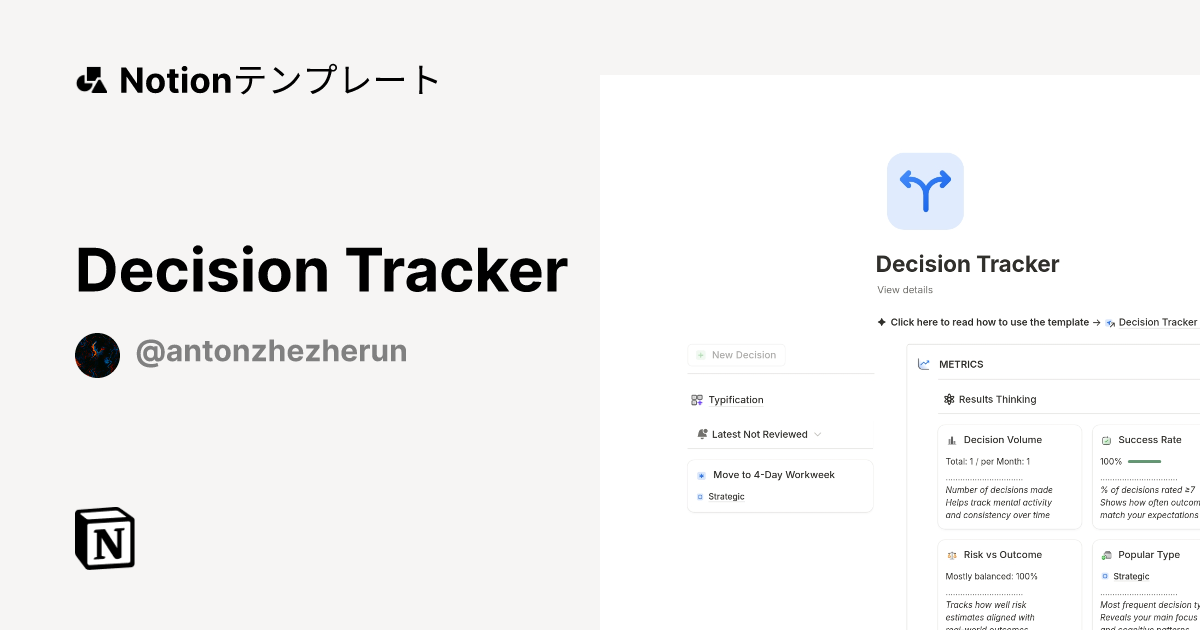 Decision Trackerテンプレート・作成者：Anton Zhezherun | Notion (ノーション)マーケットプレイス