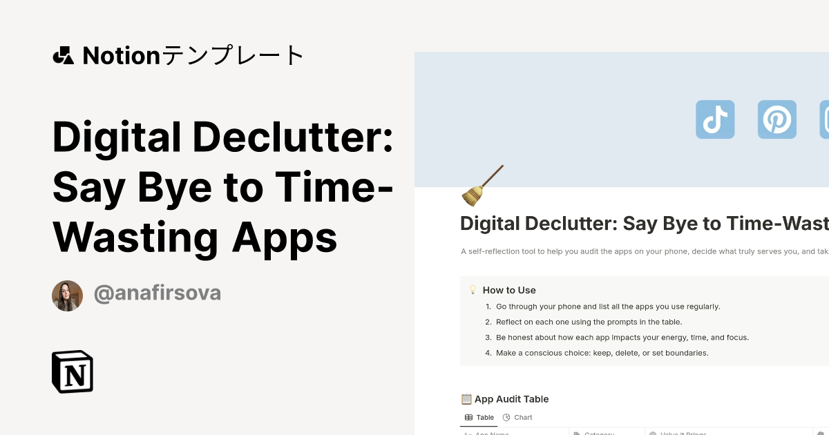 Digital Declutter: Say Bye to Time-Wasting Appsテンプレート・作成者：Ana Firsova | Notion (ノーション)マーケットプレイス