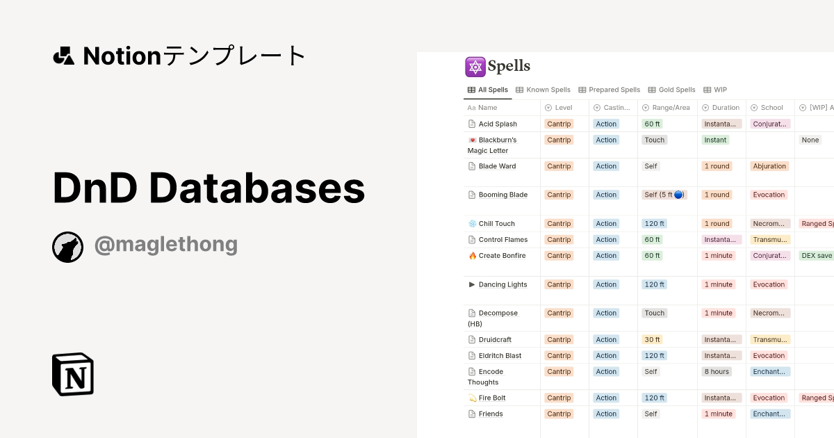 DnD Databasesテンプレート・作成者：Maglethong Spirr | Notion (ノーション)マーケットプレイス