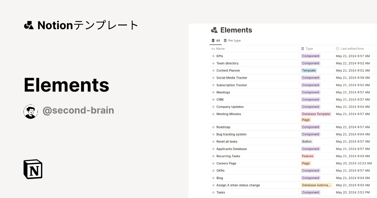 Elementsテンプレート・作成者：Second Brain | Notion (ノーション)マーケットプレイス