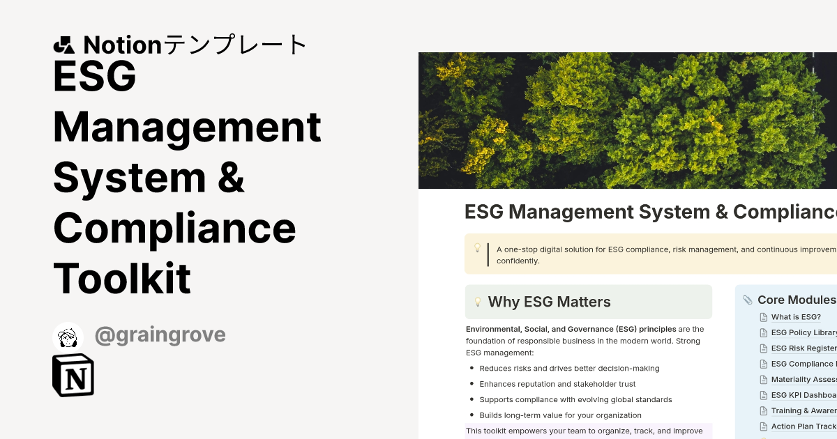 ESG Management System & Compliance Toolkitテンプレート | Notion (ノーション)マーケットプレイス