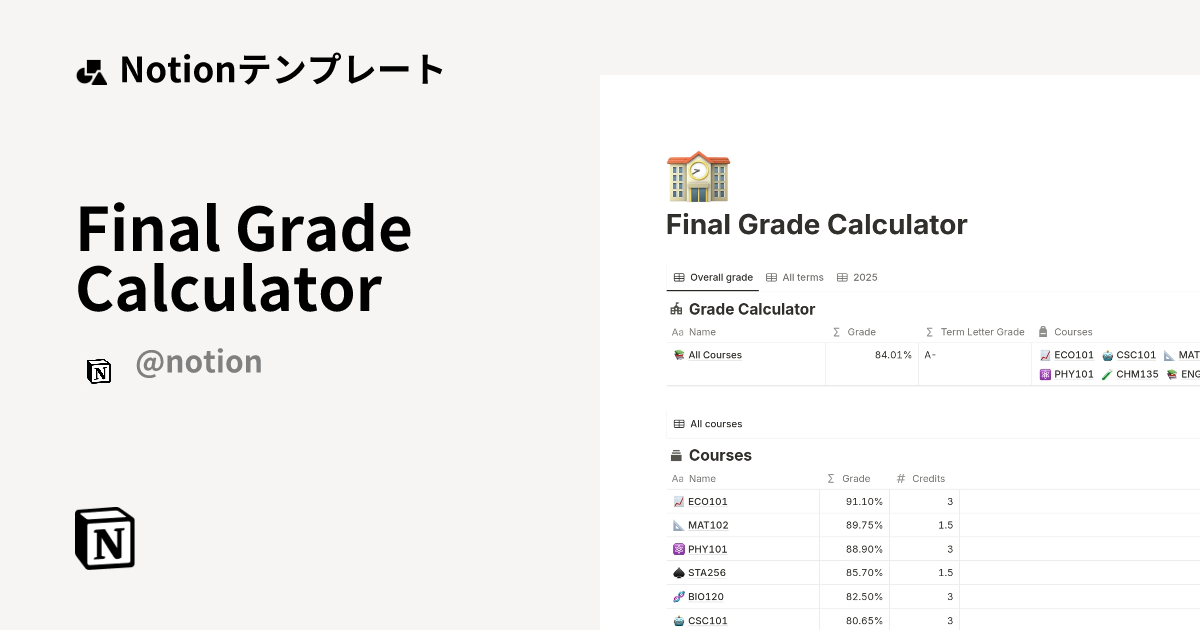 Final Grade Calculator 2026テンプレート | Notion (ノーション)マーケットプレイス
