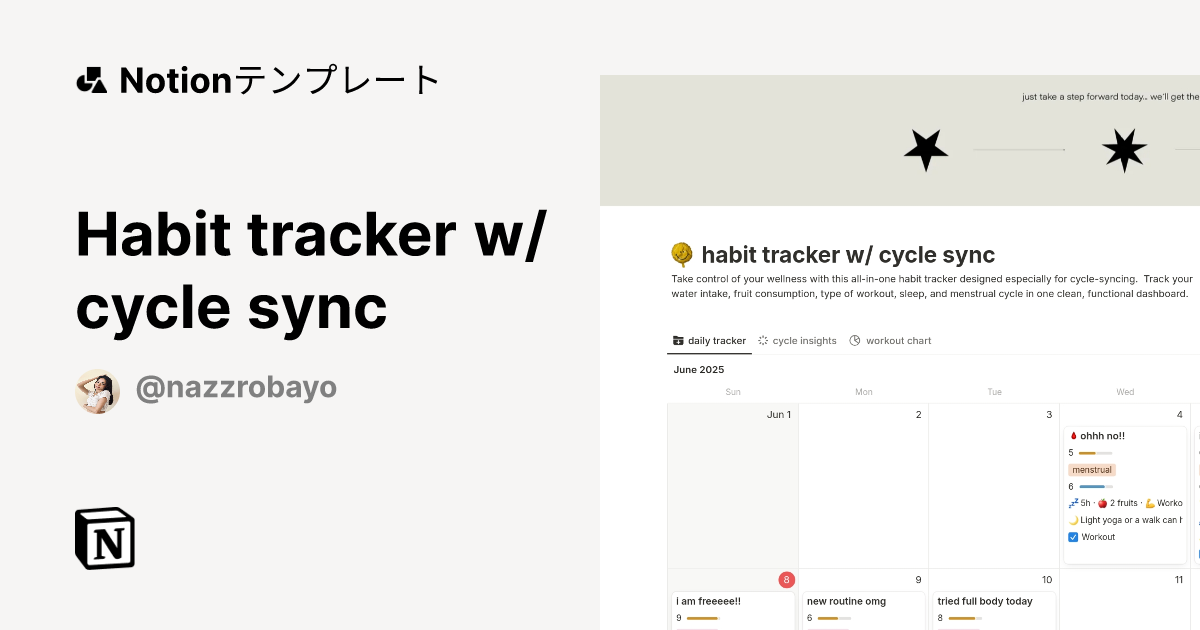 Habit tracker w/ cycle syncテンプレート・作成者：Naz Robayo | Notion (ノーション)マーケットプレイス