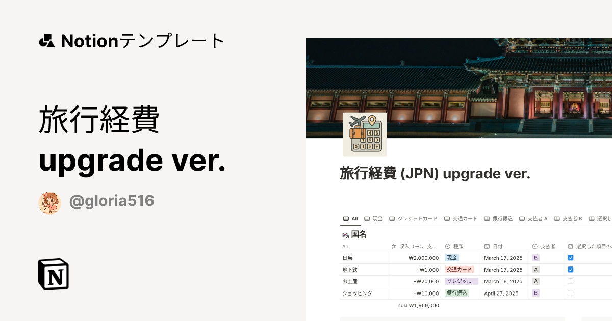 旅行経費 upgrade ver.テンプレート・作成者：Gloria | Notion (ノーション)マーケットプレイス