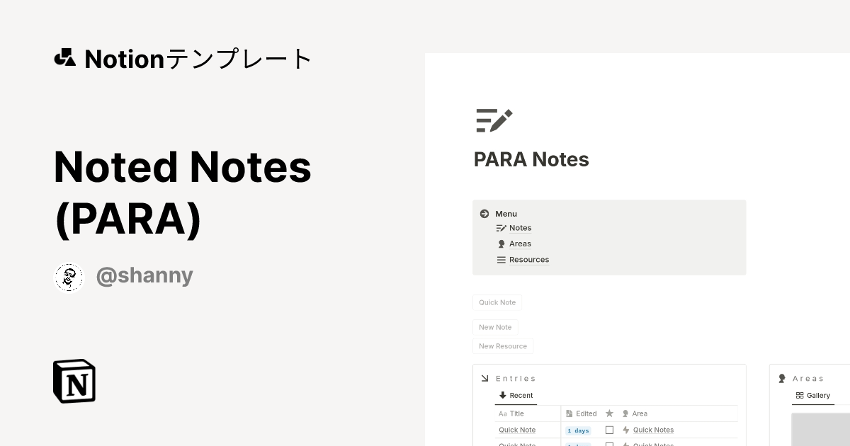 Noted Notes (PARA)テンプレート・作成者：Shanny | Notion (ノーション)マーケットプレイス