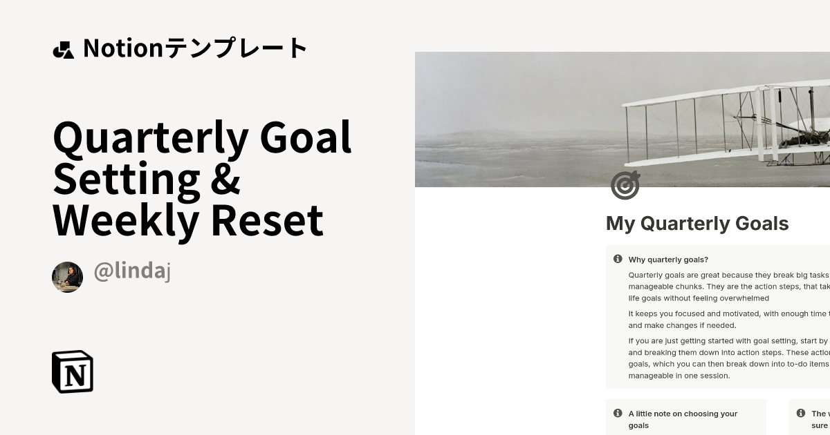 Quarterly Goal Setting & Weekly Resetテンプレート・作成者：Linda's Templates ...