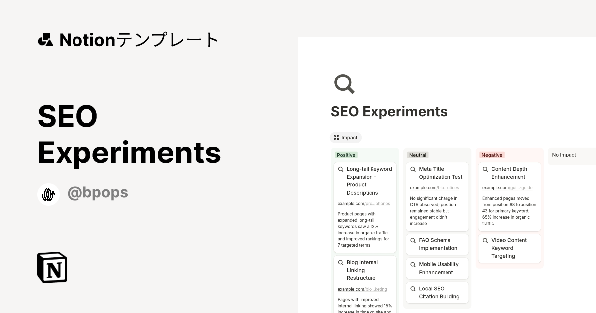 SEO Experimentsテンプレート・作成者：Business Pops | Notion (ノーション)マーケットプレイス