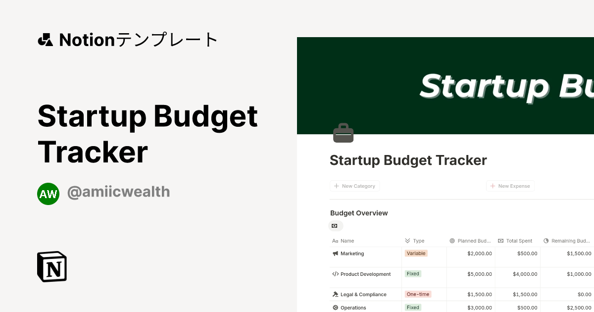 Startup Budget Trackerテンプレート | Notion (ノーション)マーケットプレイス