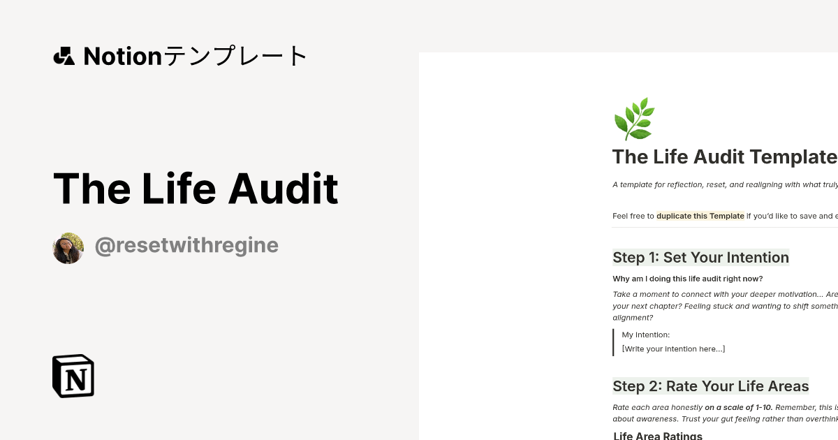 The Life Audit テンプレート・作成者：Regine | Notion (ノーション)マーケットプレイス