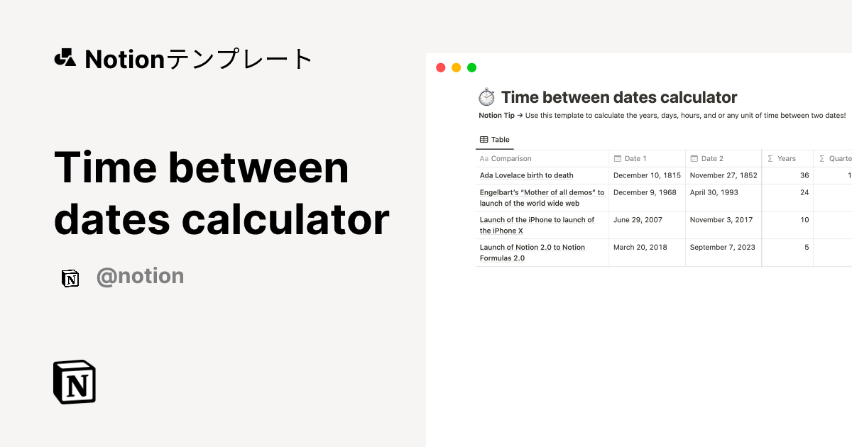 Time between dates calculator 2026テンプレート | Notion (ノーション)マーケットプレイス