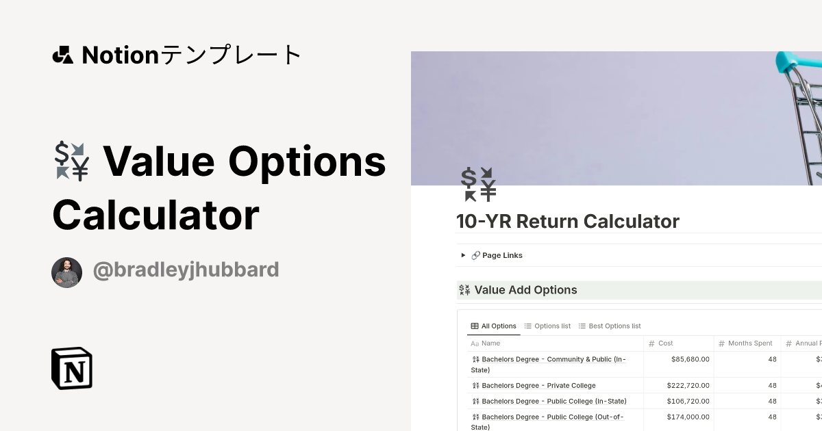 💱 Value Options Calculatorテンプレート・作成者：Bradley J. Hubbard | Notion (ノーション)マーケットプレイス