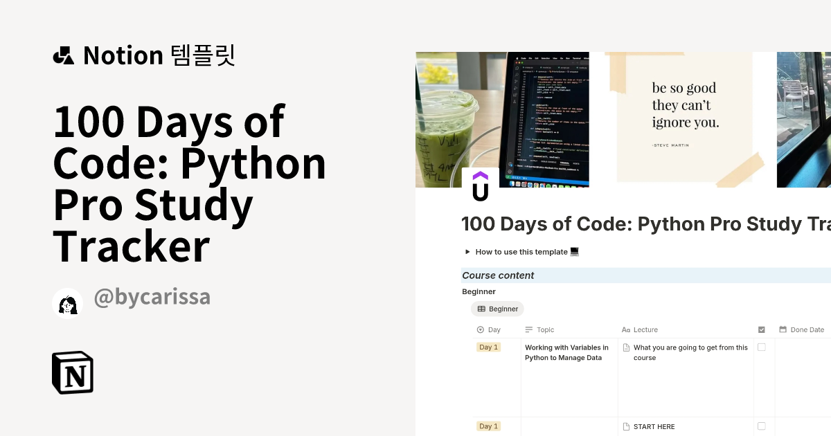 100 Days of Code: Python Pro Study Tracker 템플릿 제작자 Carissa | Notion (노션) 마켓플레이스