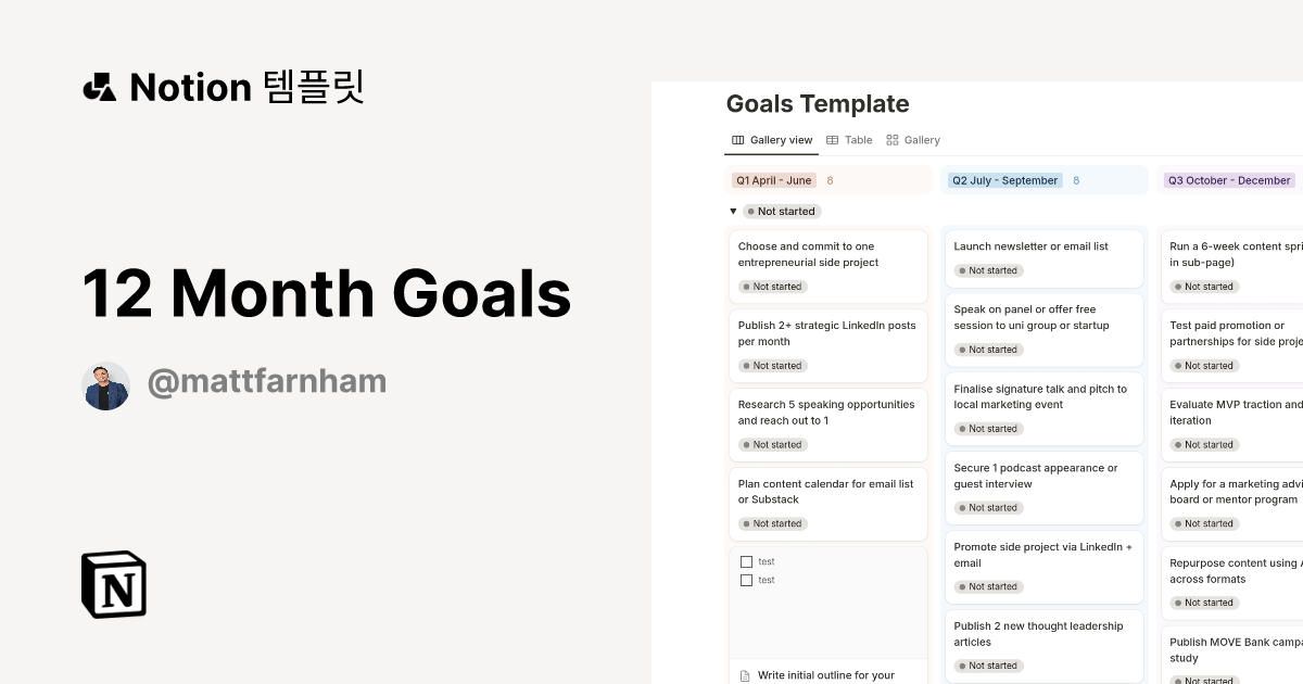 12 Month Goals 템플릿 제작자 Matt Farnham | Notion (노션) 마켓플레이스
