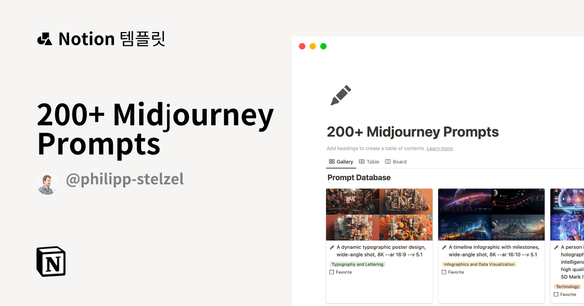 200+ Midjourney Prompts 템플릿 제작자 Philipp Stelzel | Notion (노션) 마켓플레이스