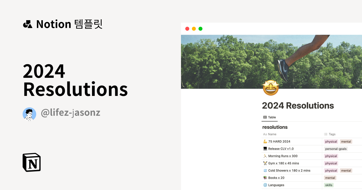2024 Resolutions 템플릿 제작자 Jason Zhu | Notion (노션) 마켓플레이스