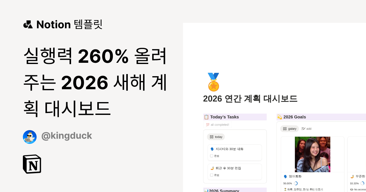 실행력 260% 올려주는 2026 새해 계획 대시보드 템플릿 | Notion (노션) 마켓플레이스