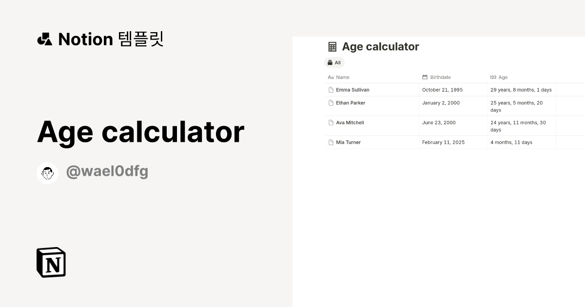 Age calculator 템플릿 제작자 Wael0dfg | Notion (노션) 마켓플레이스
