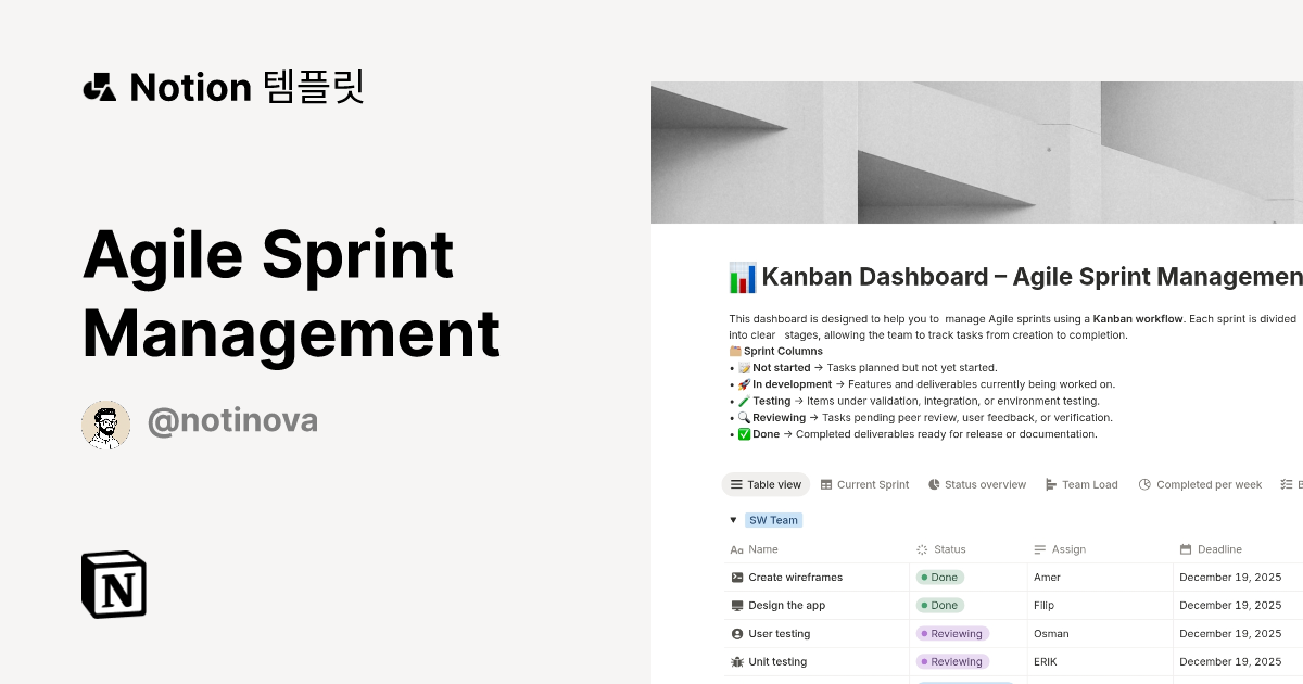Agile Sprint Management 템플릿 제작자 NotiNova | Notion (노션) 마켓플레이스