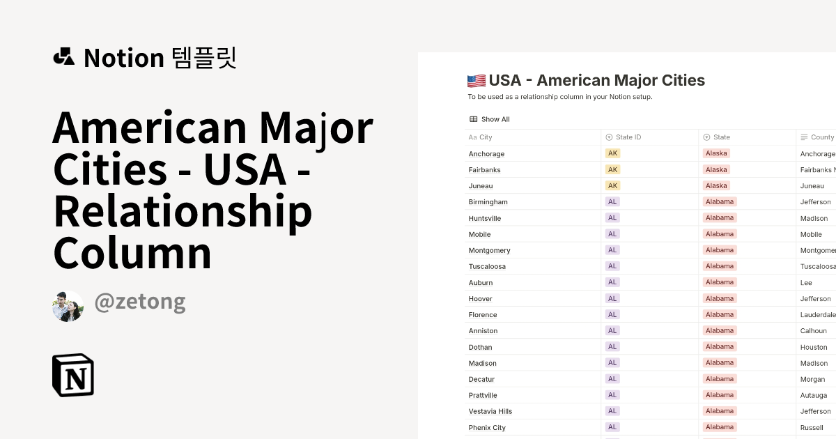 American Major Cities - USA - Relationship Column 템플릿 | Notion (노션) 마켓플레이스