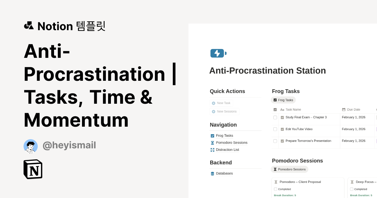 Anti-Procrastination | Tasks, Time & Momentum 템플릿 | Notion (노션) 마켓플레이스