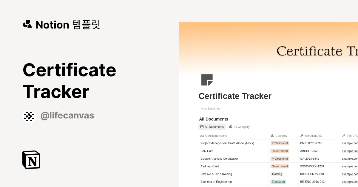 Certificate Tracker 템플릿 제작자 Lifecanvas | Notion (노션) 마켓플레이스