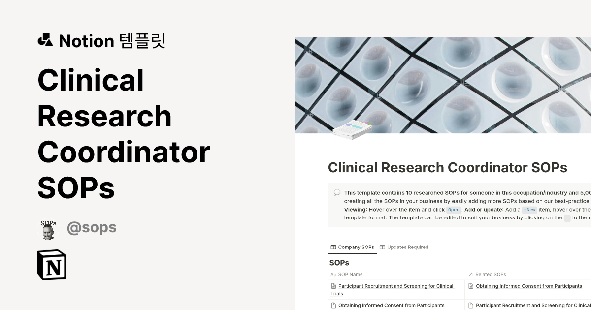 Clinical Research Coordinator SOPs 템플릿 제작자 SOPs | Notion (노션) 마켓플레이스