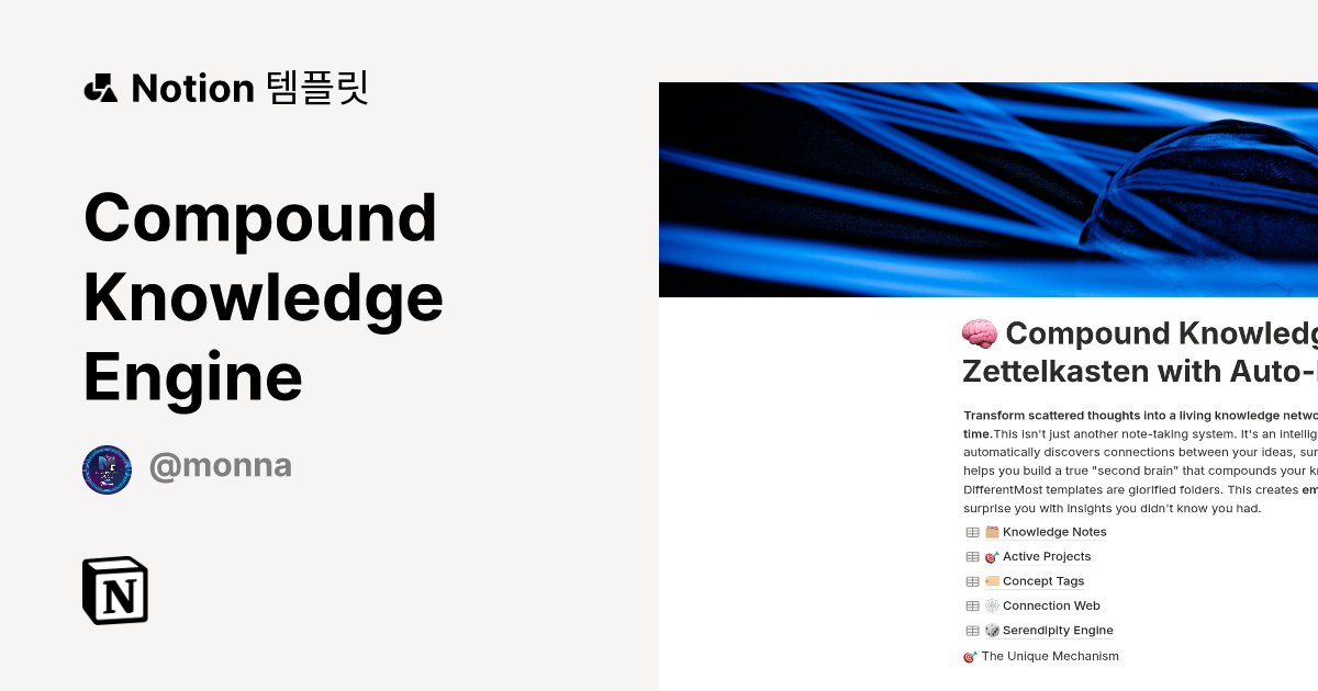 Compound Knowledge Engine 템플릿 제작자 monna | Notion (노션) 마켓플레이스