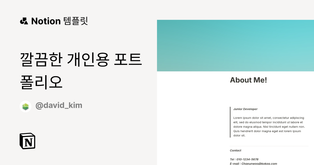 깔끔한 개인용 포트폴리오 템플릿 제작자 David Kim | Notion (노션) 마켓플레이스