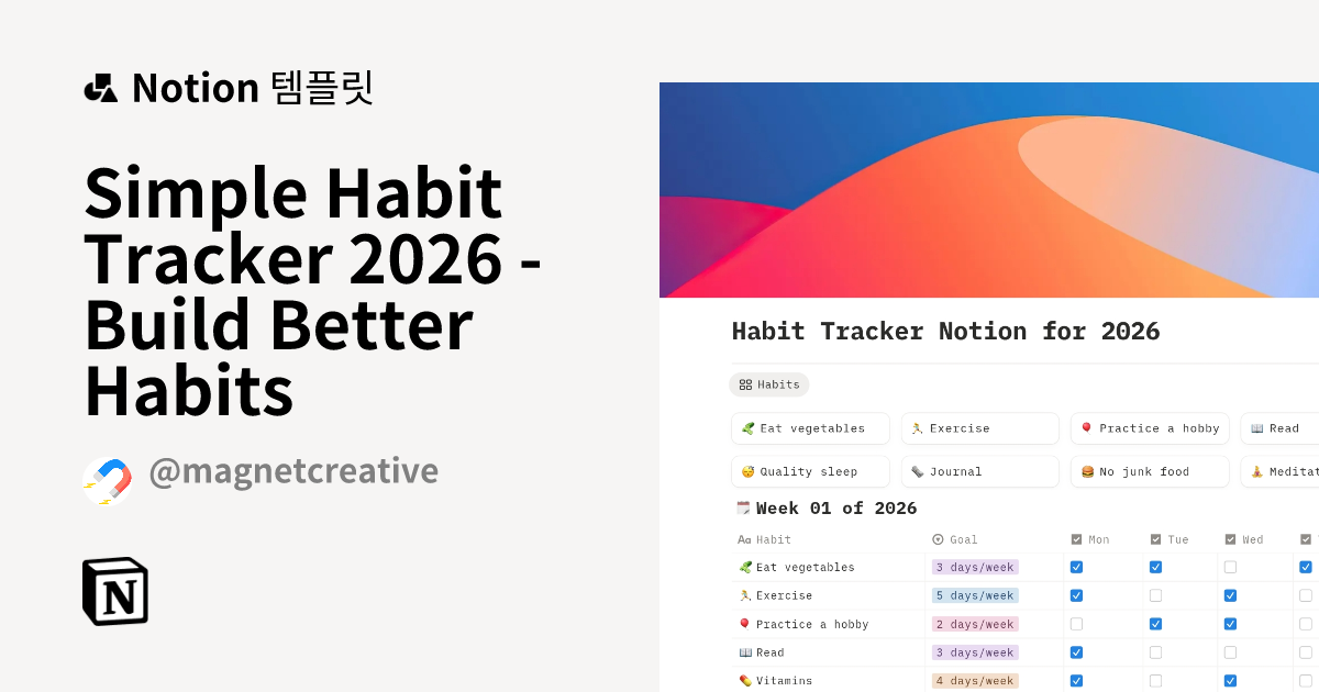 Simple Habit Tracker 2026 - Build Better Habits 템플릿 제작자 Yaz Digital | Notion (노션) 마켓플레이스