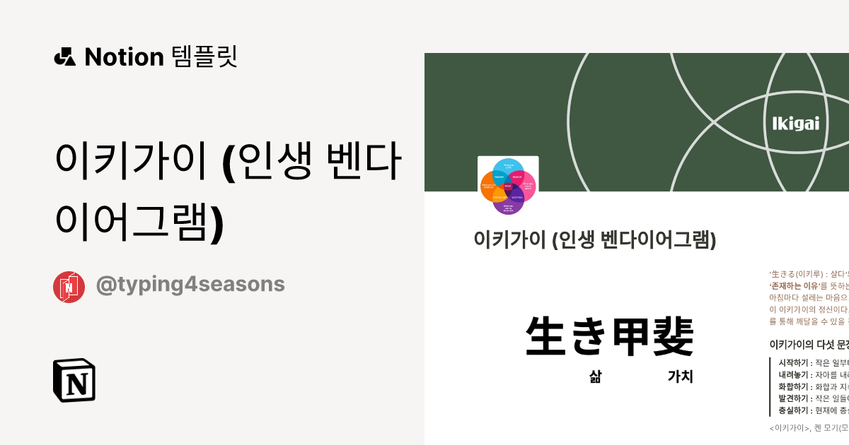 이키가이 인생 벤다이어그램 템플릿 제작자 취향의 사계절 Notion 노션 마켓플레이스