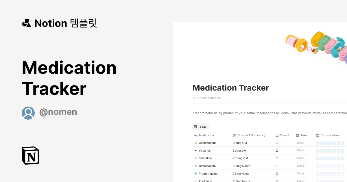 Medication Tracker 템플릿 제작자 Nomen Nescio | Notion (노션) 마켓플레이스