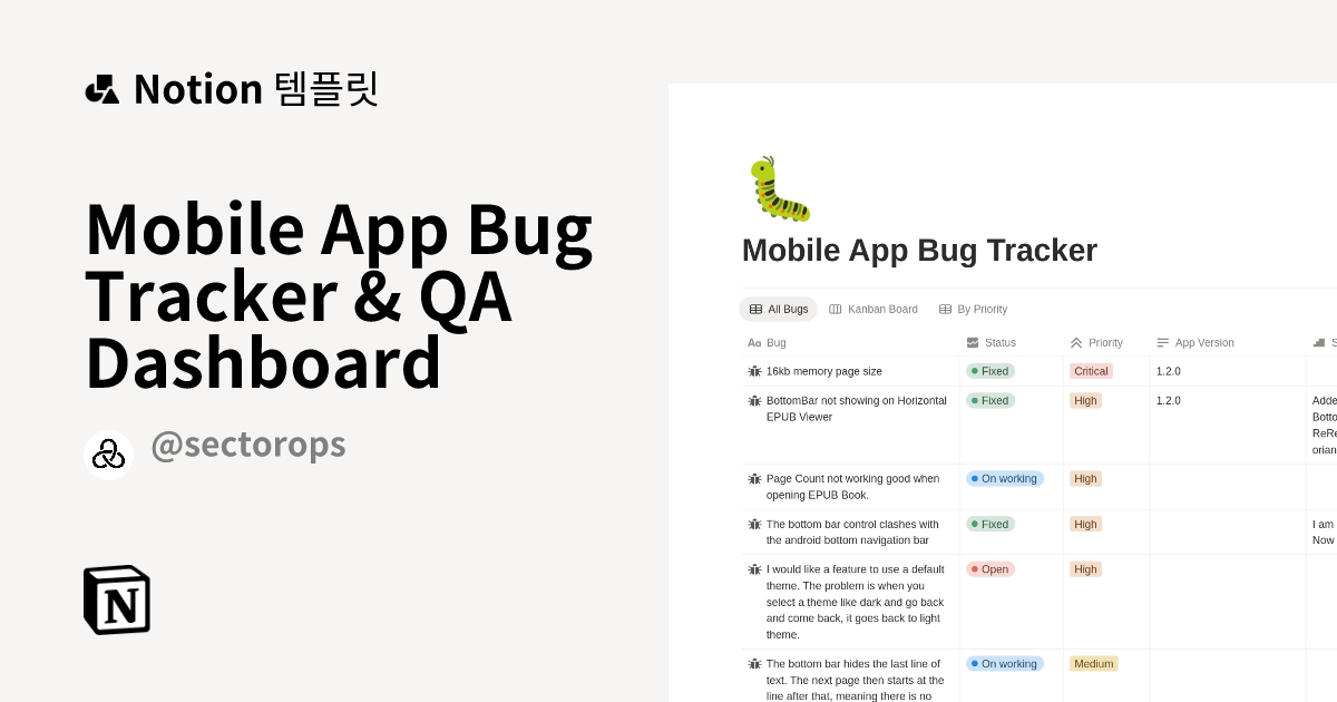 Mobile App Bug Tracker & QA Dashboard 템플릿 | Notion (노션) 마켓플레이스