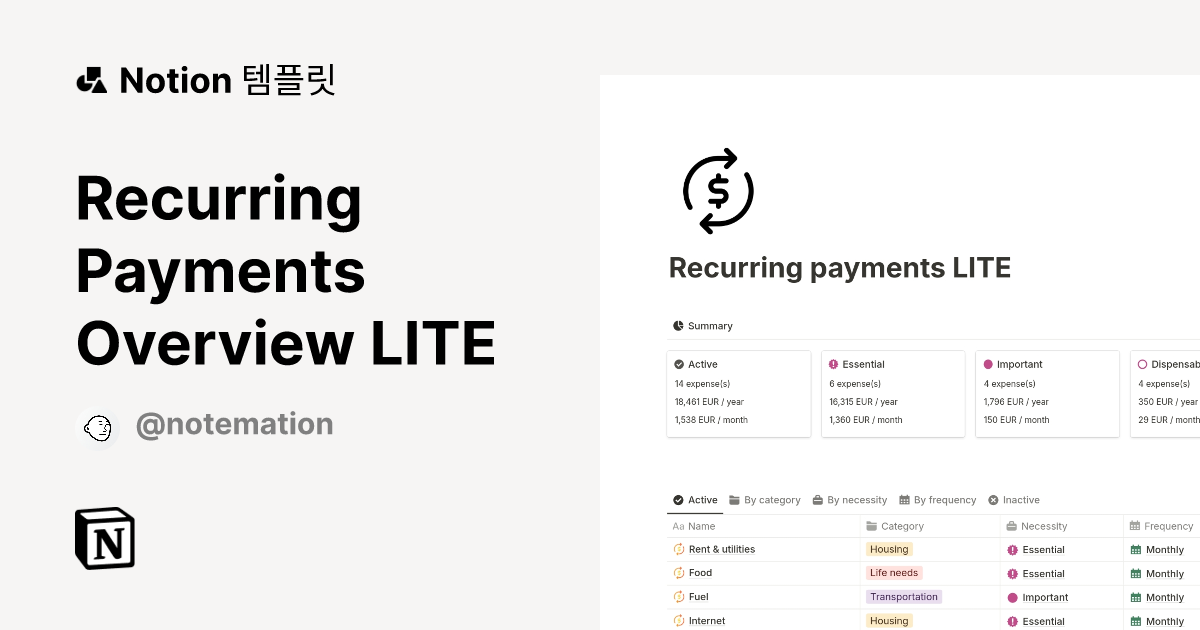 Recurring Payments Overview LITE 템플릿 | Notion (노션) 마켓플레이스