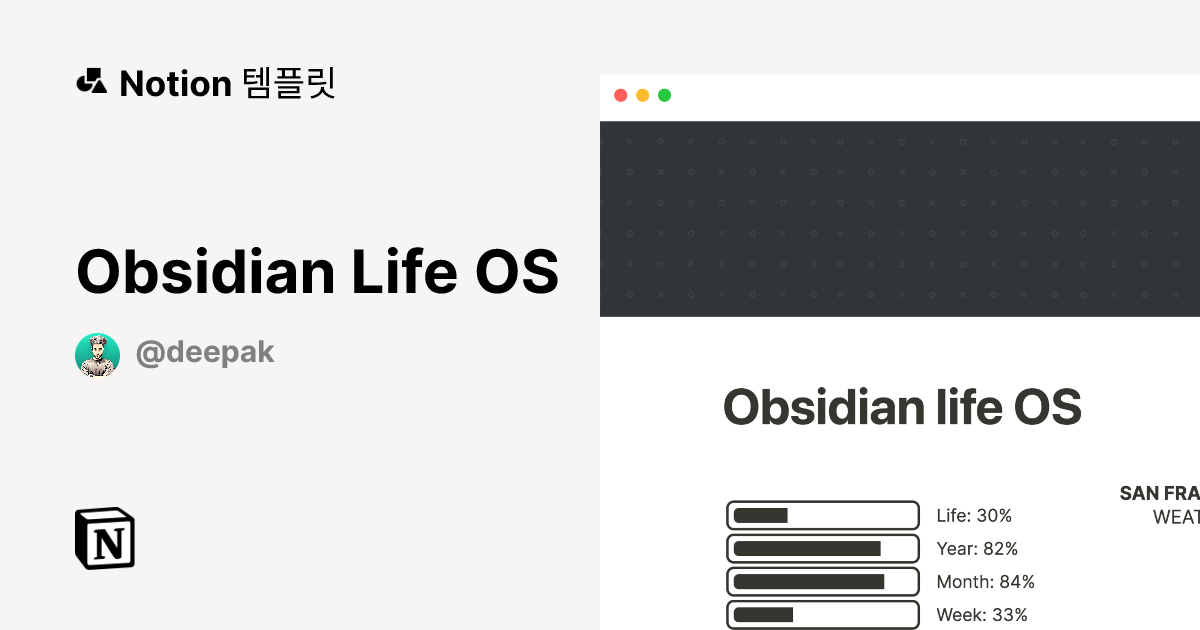 Obsidian Life OS 템플릿 제작자 Deepak | Notion (노션) 마켓플레이스