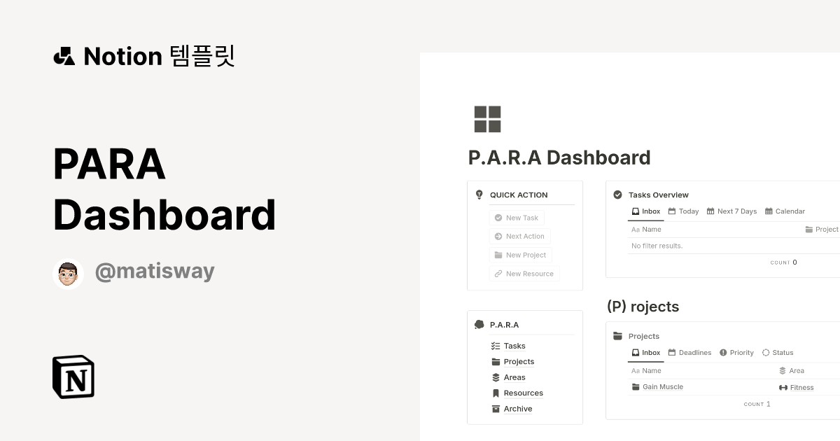 PARA Dashboard 템플릿 제작자 Matisway | Notion (노션) 마켓플레이스