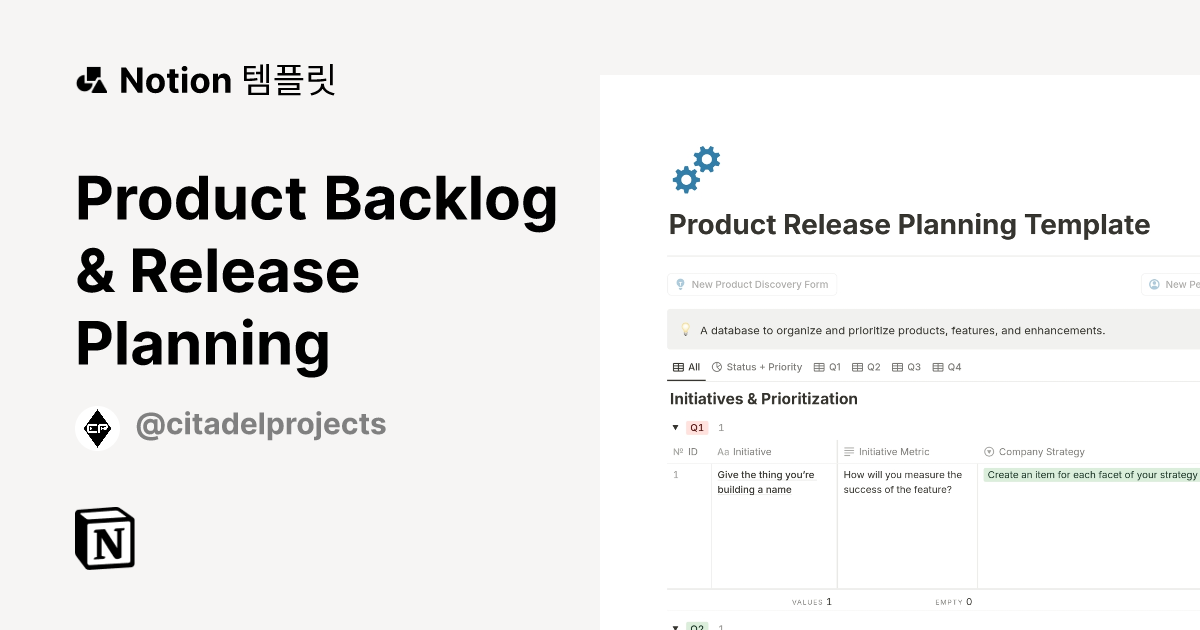 Product Backlog & Release Planning 템플릿 제작자 Citadel Projects | Notion ...