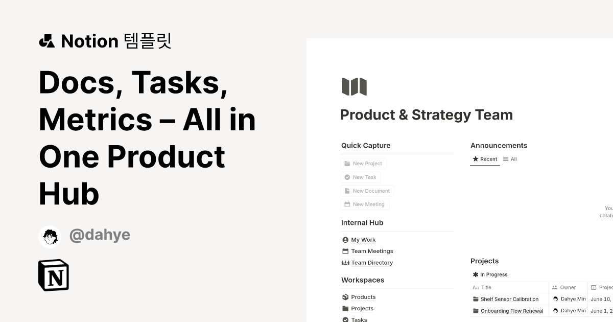 Docs, Tasks, Metrics – All in One Product Hub 템플릿 | Notion (노션) 마켓플레이스