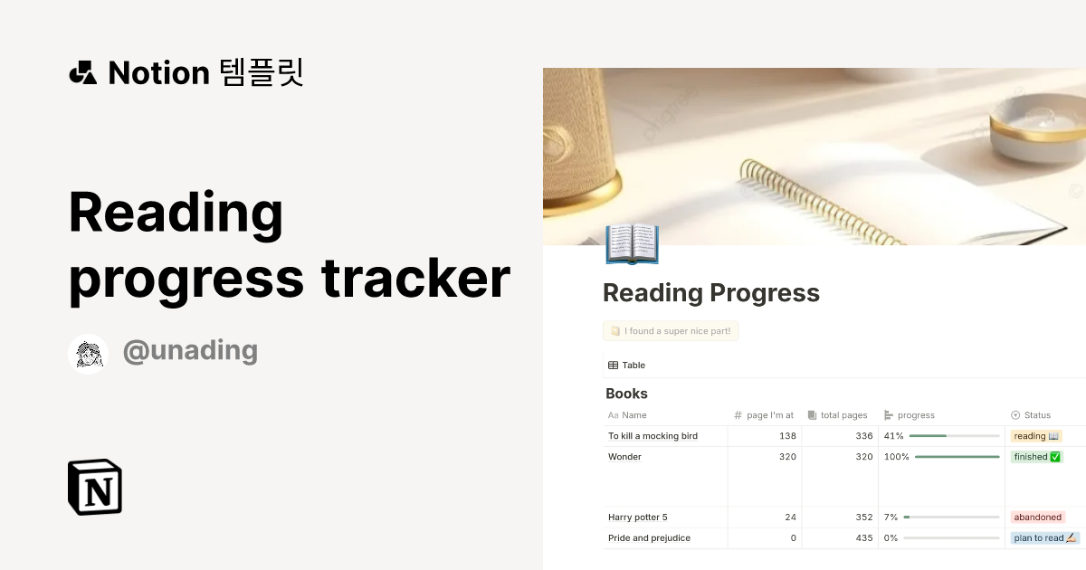 Reading progress tracker 템플릿 | Notion (노션) 마켓플레이스