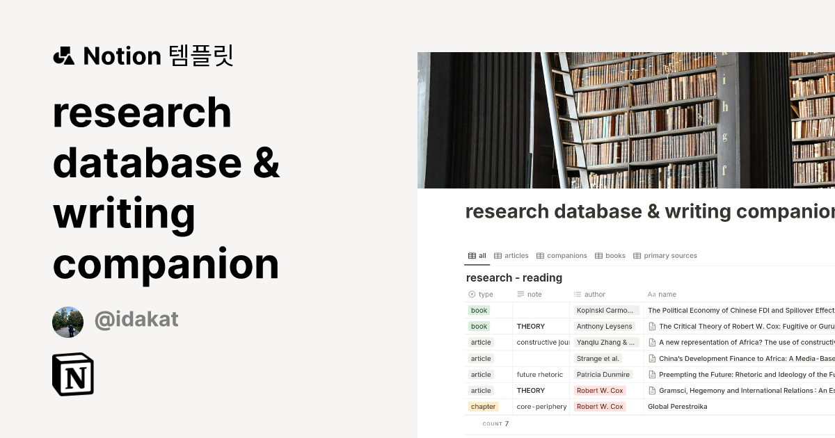 research database & writing companion 템플릿 제작자 Ida Kat | Notion (노션) 마켓플레이스