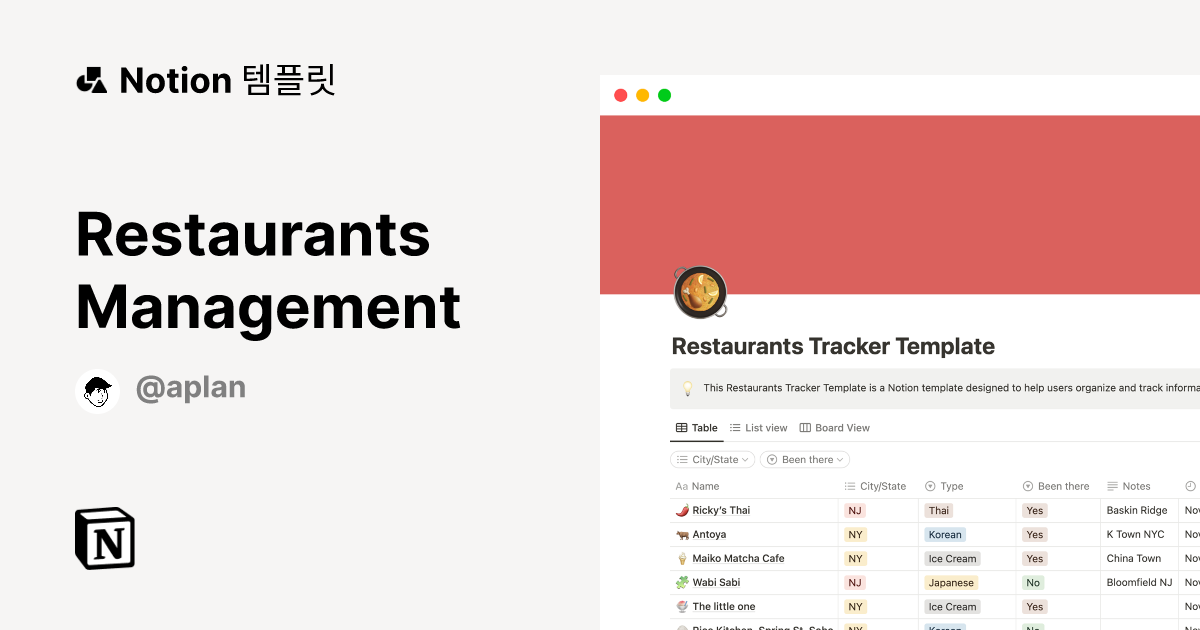 Restaurants Management 템플릿 | Notion (노션) 마켓플레이스