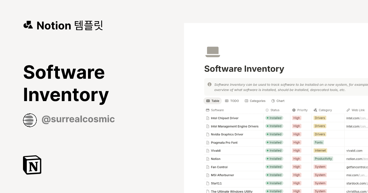 Software Inventory 템플릿 | Notion (노션) 마켓플레이스