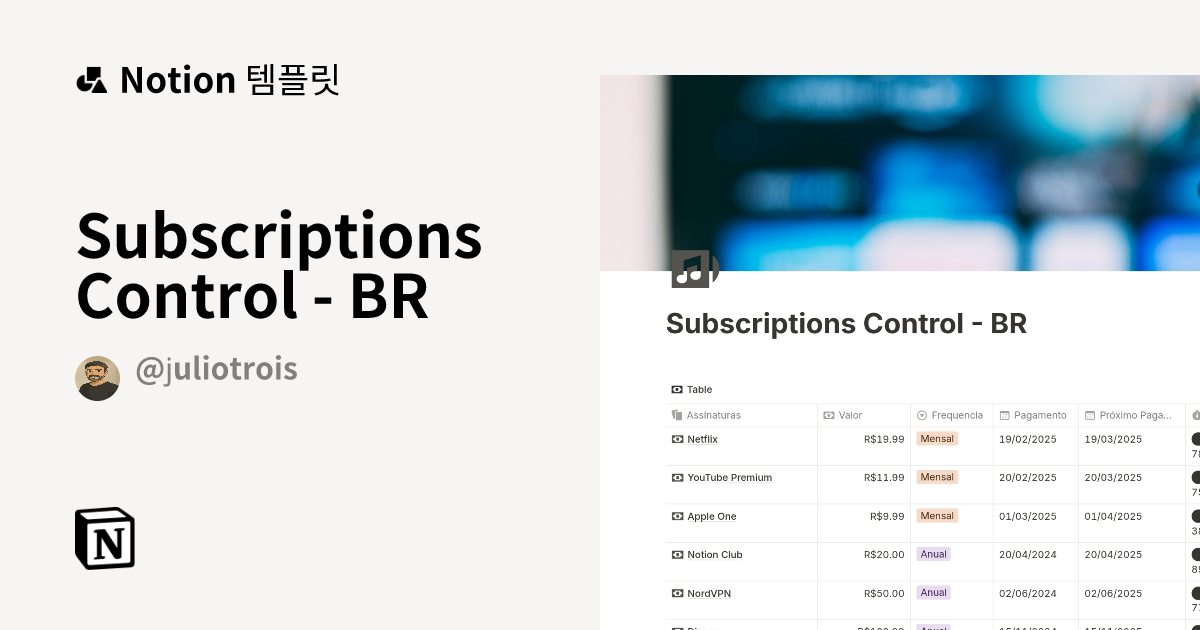 Subscriptions Control - BR 템플릿 | Notion (노션) 마켓플레이스