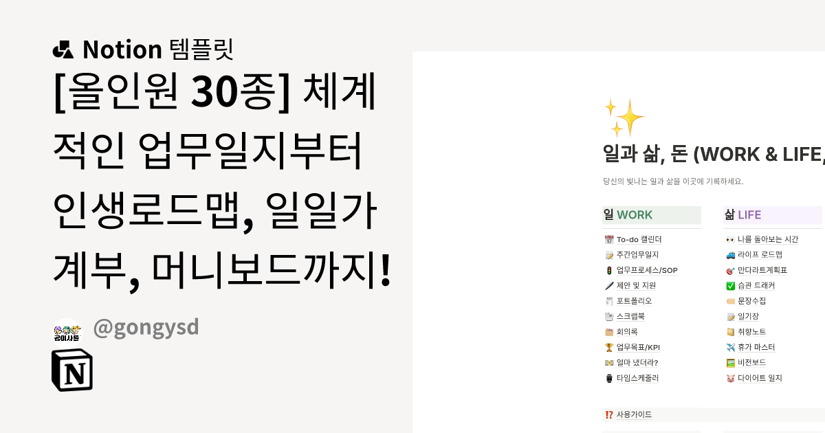 올인원 30종 체계적인 업무일지부터 인생로드맵 일일가계부 머니보드까지 템플릿 제작자 공여사들 Gongysd