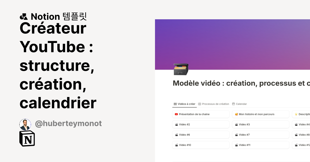 Créateur YouTube : structure, création, calendrier 템플릿 제작자 Hubert ...
