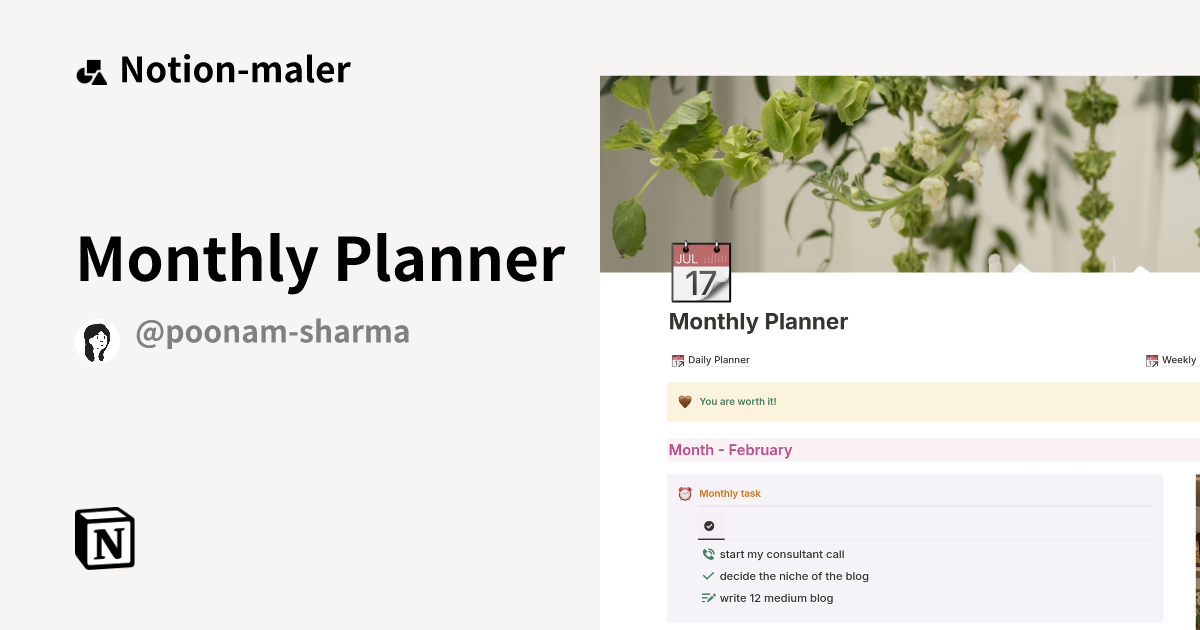 Monthly Planner -mal| Notions markedsplass