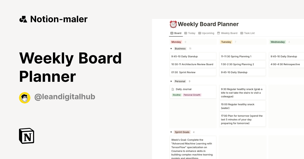 Weekly Board Planner-mal av Lean Digital Hub | Notions markedsplass